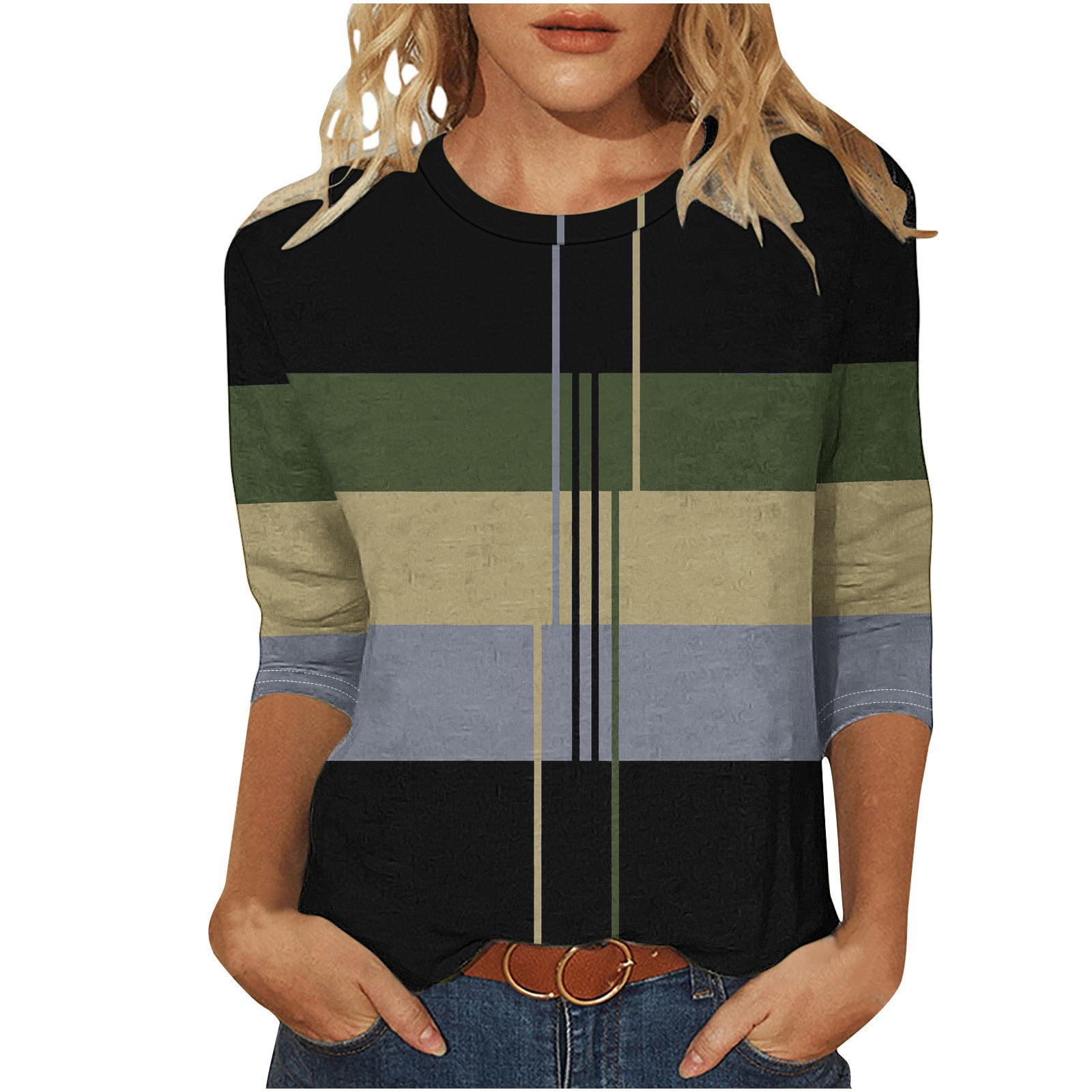 Army Lime Green Women Crew Neck Spandex Tshirts Brunch Tee Tops for ...