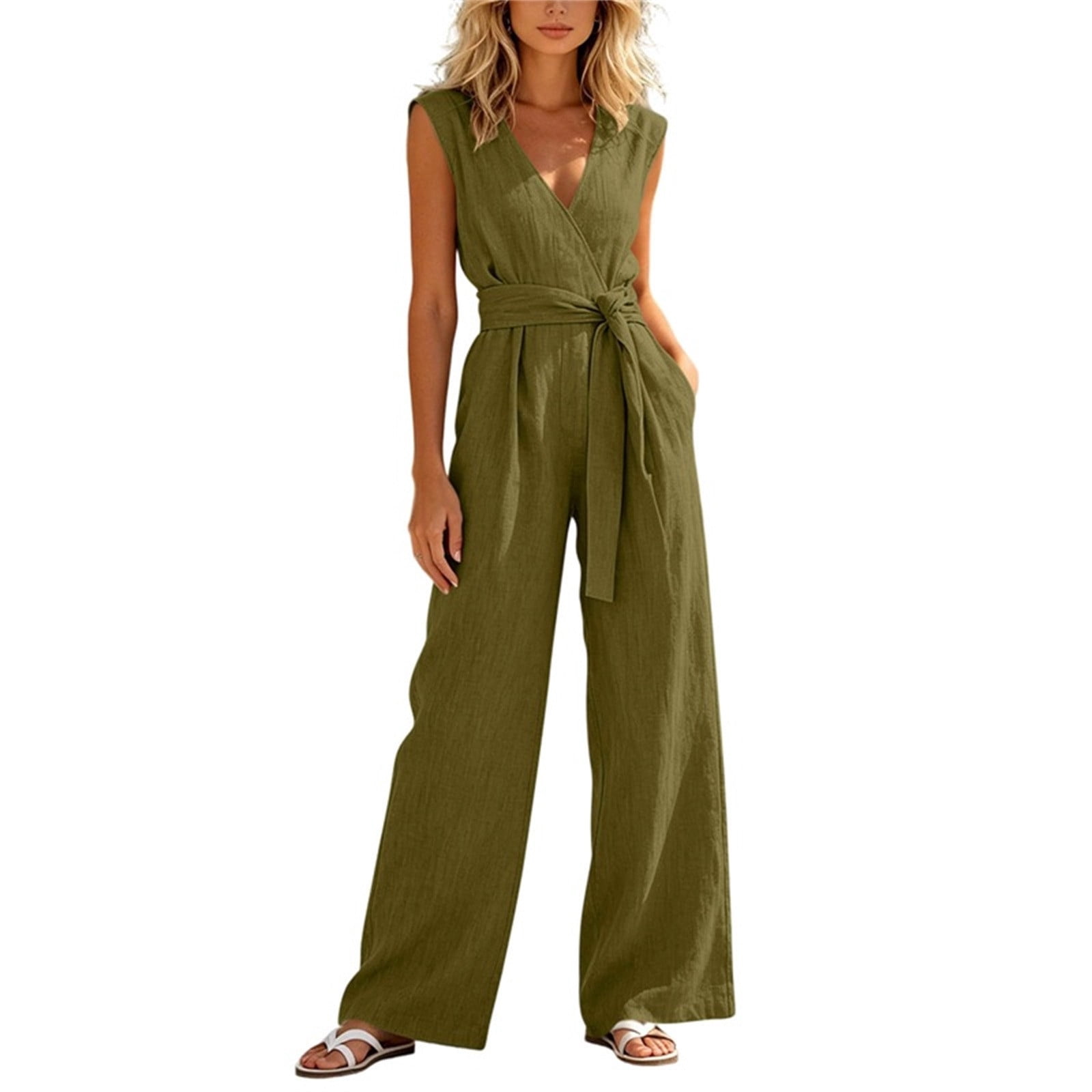 Army Lime Green Women Zip Up Coveralls Pants Rompers for Women Tie Knot ...