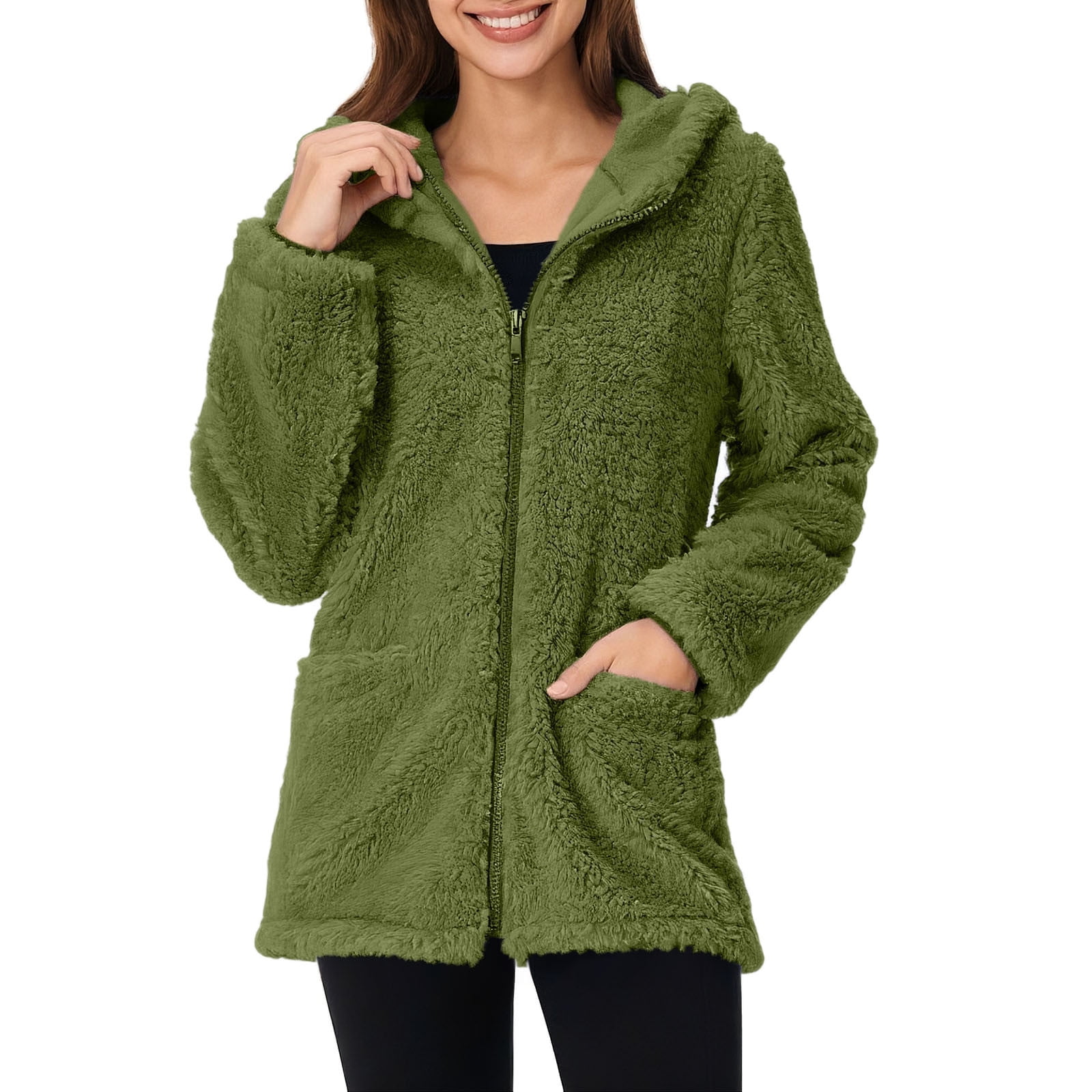 Army Lime Green Womens Faux Lounge Zip Up Jacket Hoods Outfits for ...