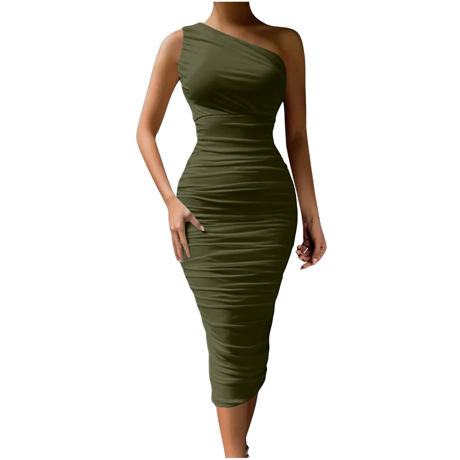 Army Lime Green Womens Going Out Sleeveless One Shoulder Dresses for ...