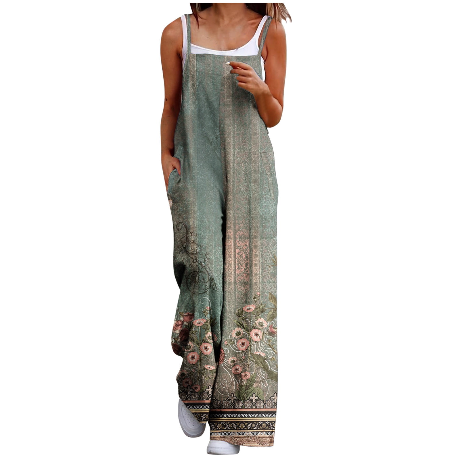 Army Lime Green Womens Overalls Floral Print Loose Fit Jumpsuits Pants ...