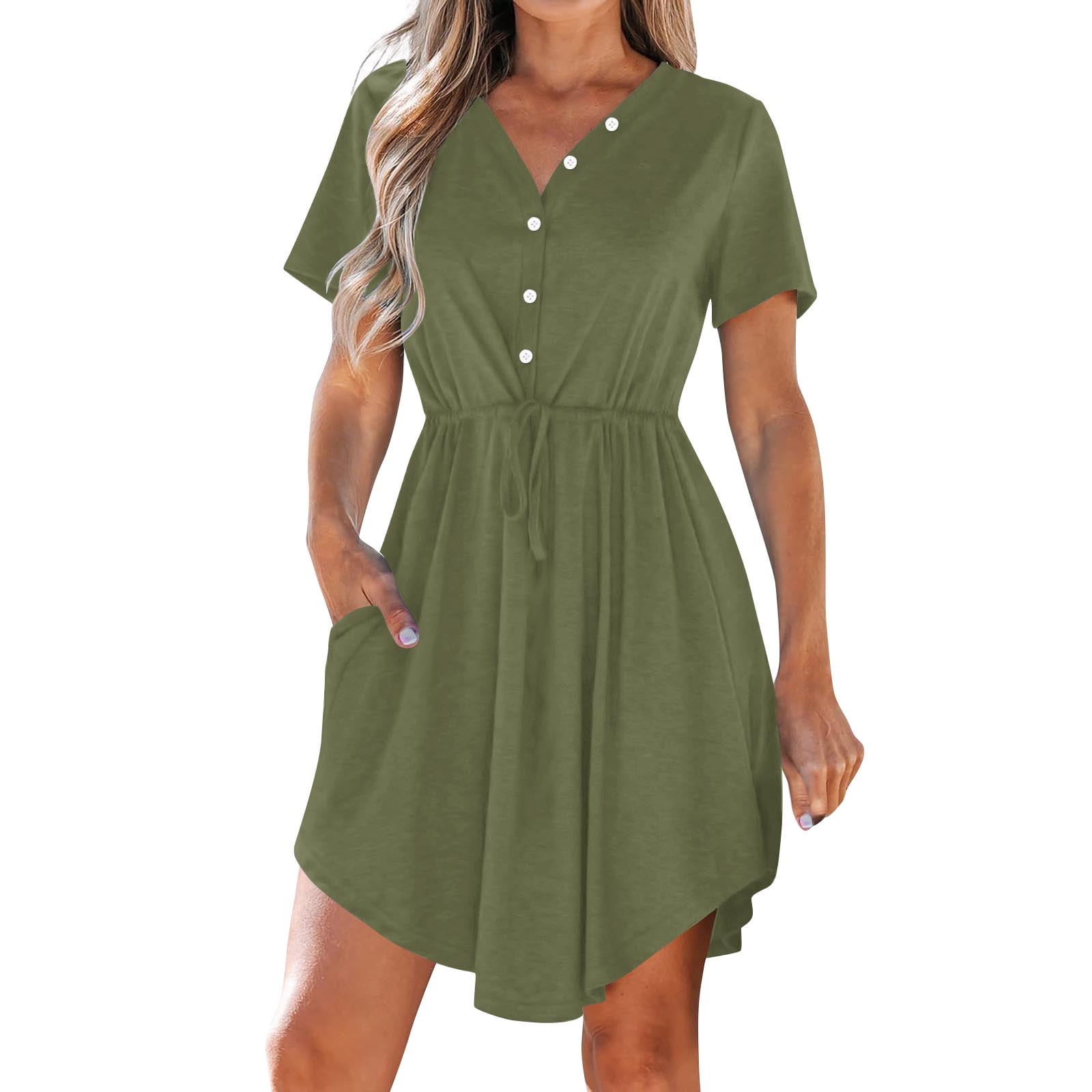 Army Lime Green Womens Short Sleeve Dresses for Women V Neck Spandex ...