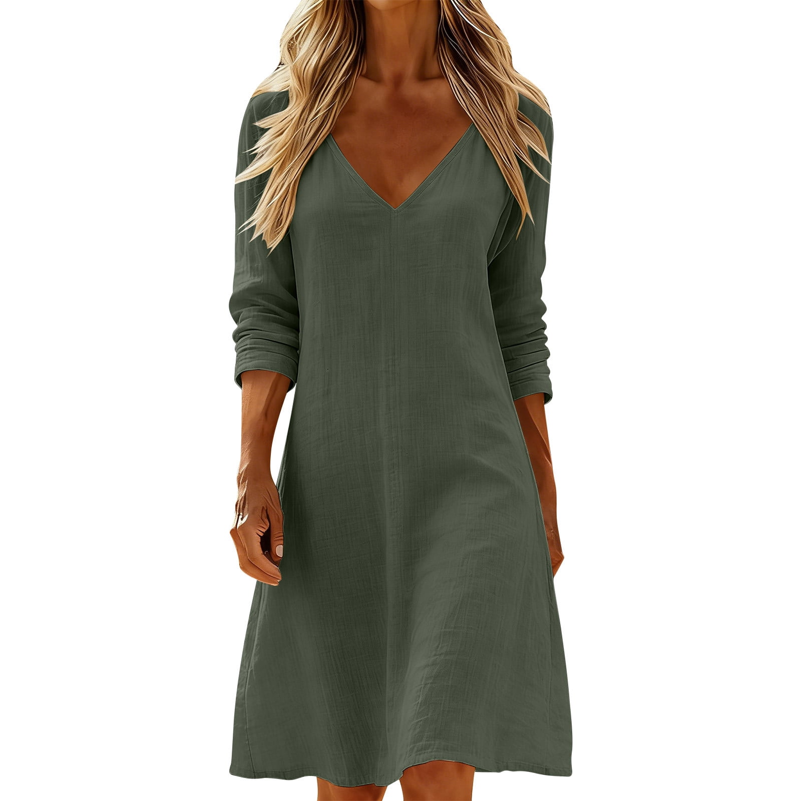 Army Lime Green Womens V Neck Faux Linen Dresses for Ladies Long Sleeve ...