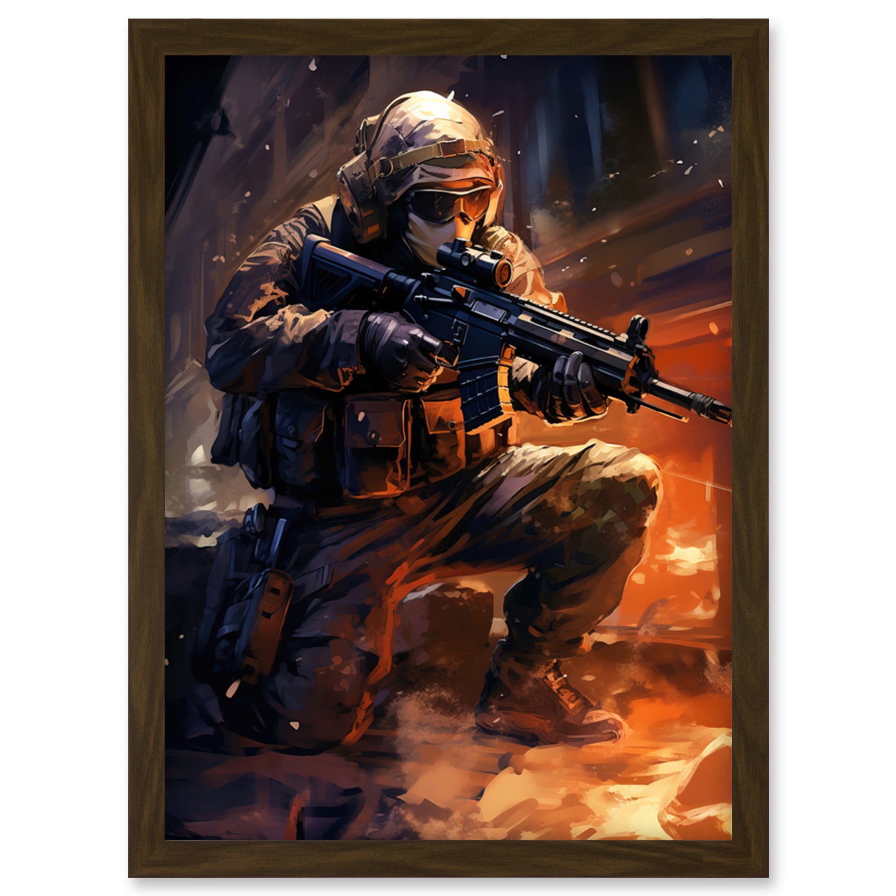 Army Warfare Desert Sniper Explosion Flames Oil Painting Soldier Action ...
