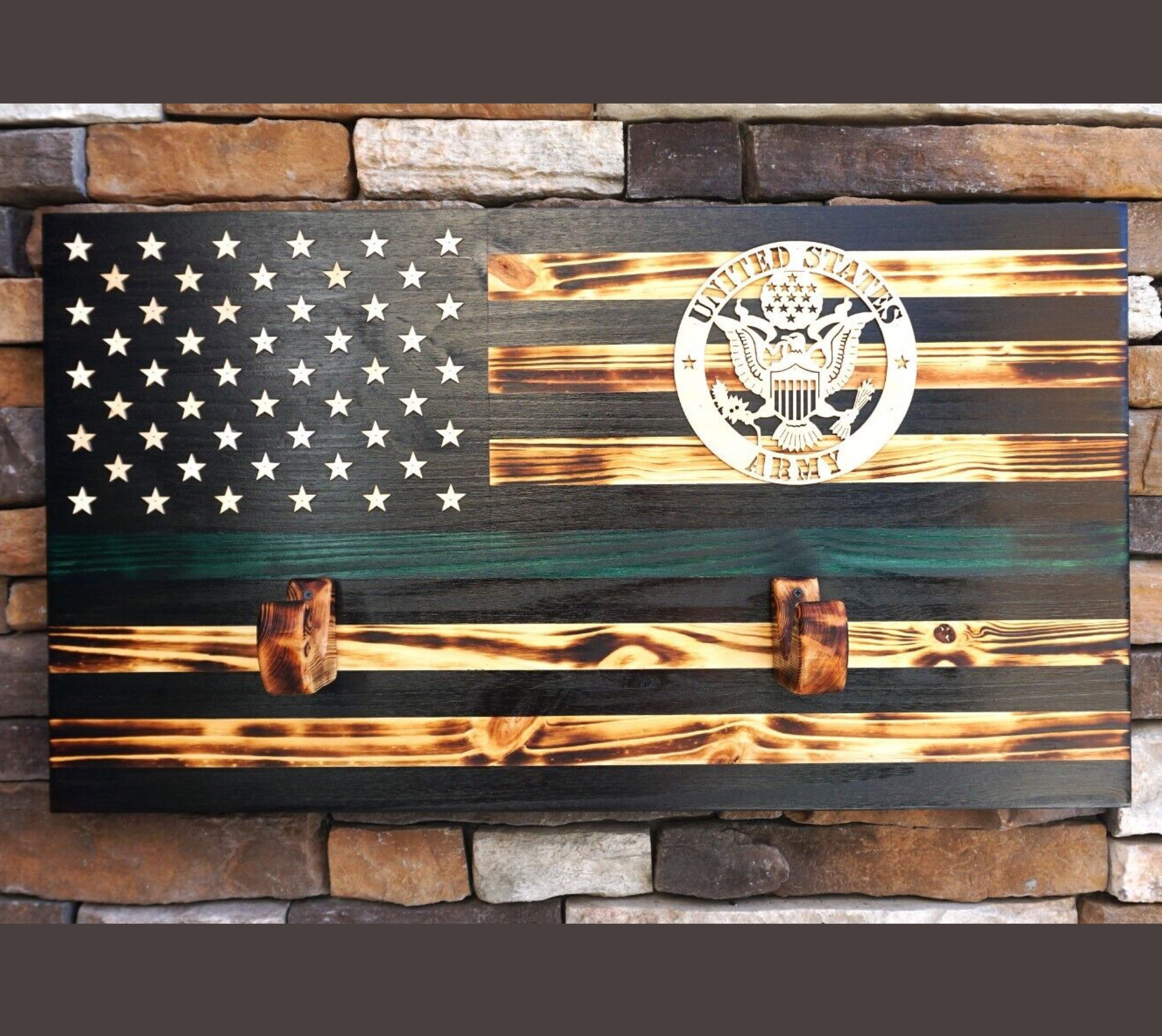 Army Wooden Rustic American Flag with Gun Rack Handmade 36'' x 19.5 ...