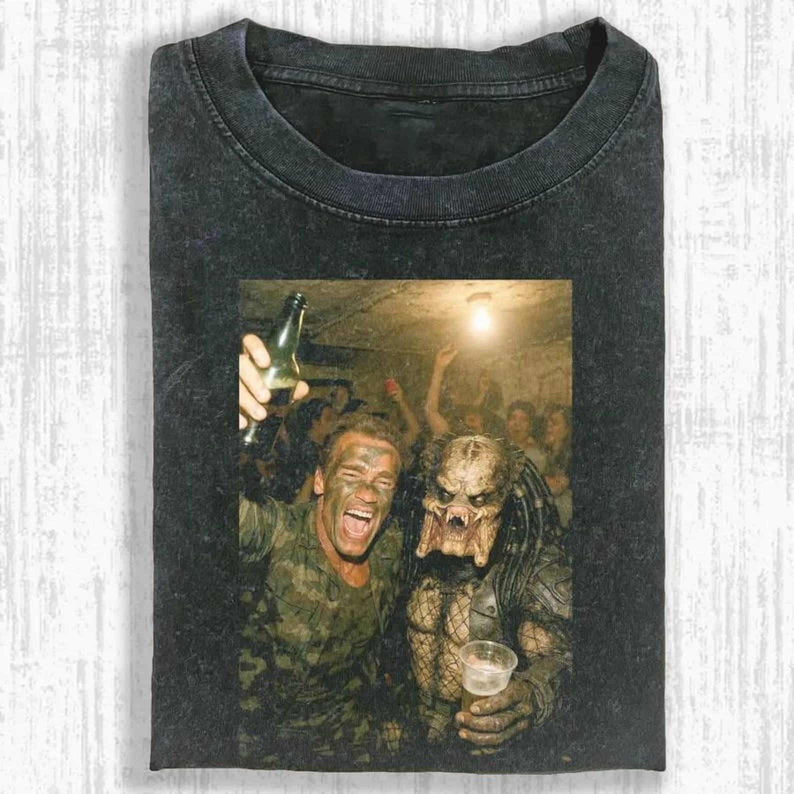 Arnold Action Movie Party Graphic Shirt Alien Drinking Scene Film Art ...