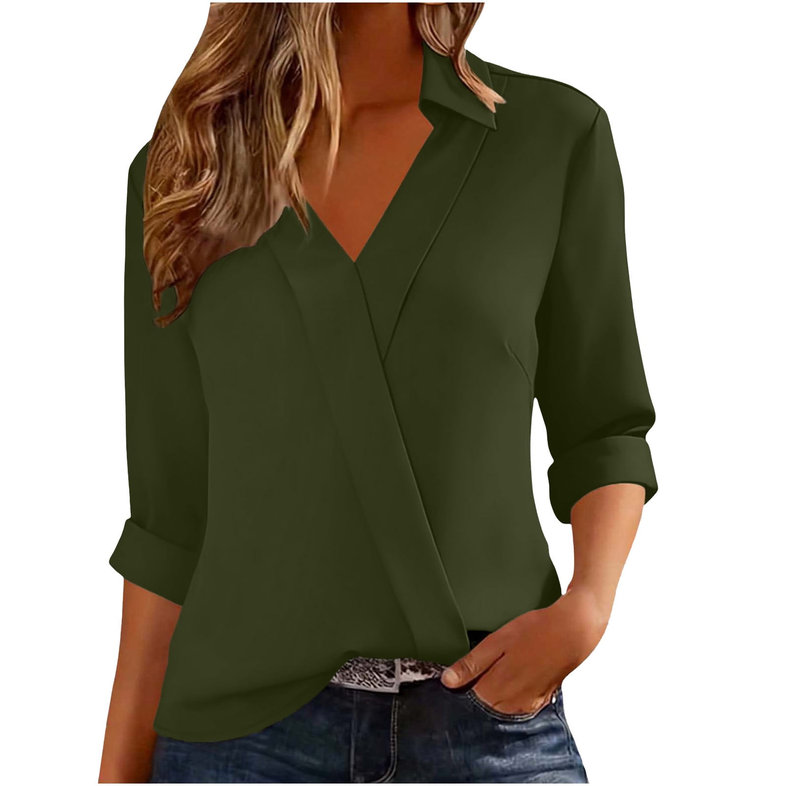 Arnsht 3/4 Length Sleeve Womens Tops Dressy V Neck Collared Shirts ...