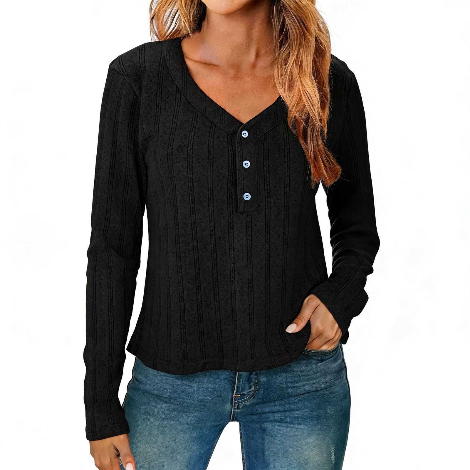 Arnsht Eyelet Tops for Women Long Sleeve V Neck Button Down Henley ...