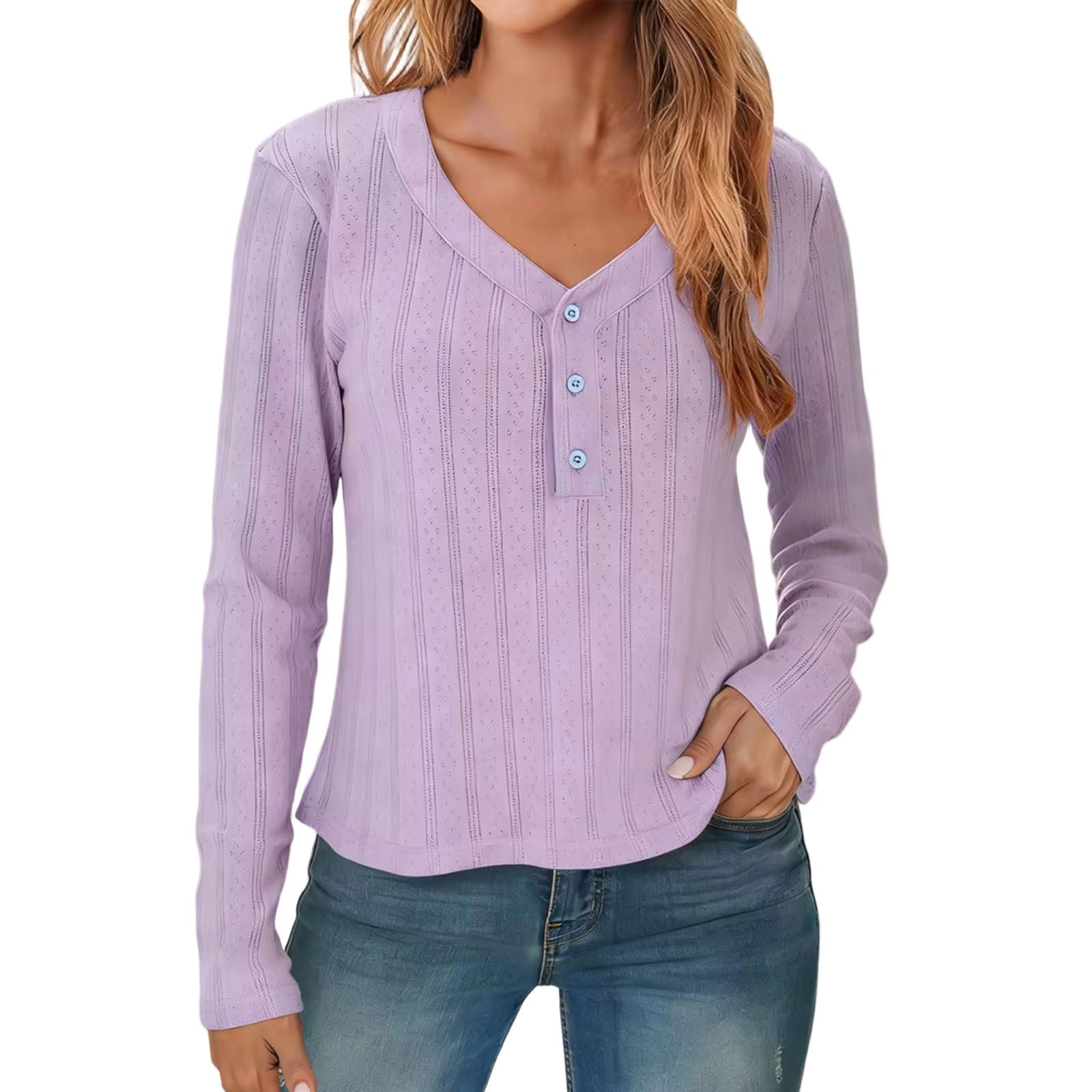 Arnsht Eyelet Tops for Women Long Sleeve V Neck Button Down Henley ...