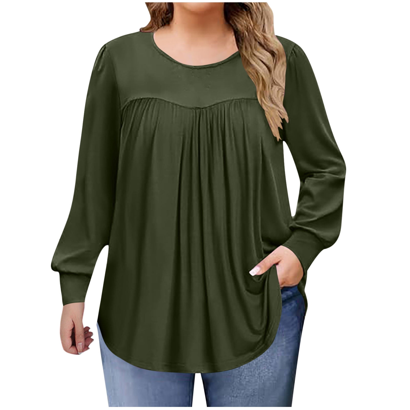Arnsht (L-5XL) Womens Plus Size Tops Solid Color Long Sleeve Shirts Crew Neck Pleated Tunic Fall ...