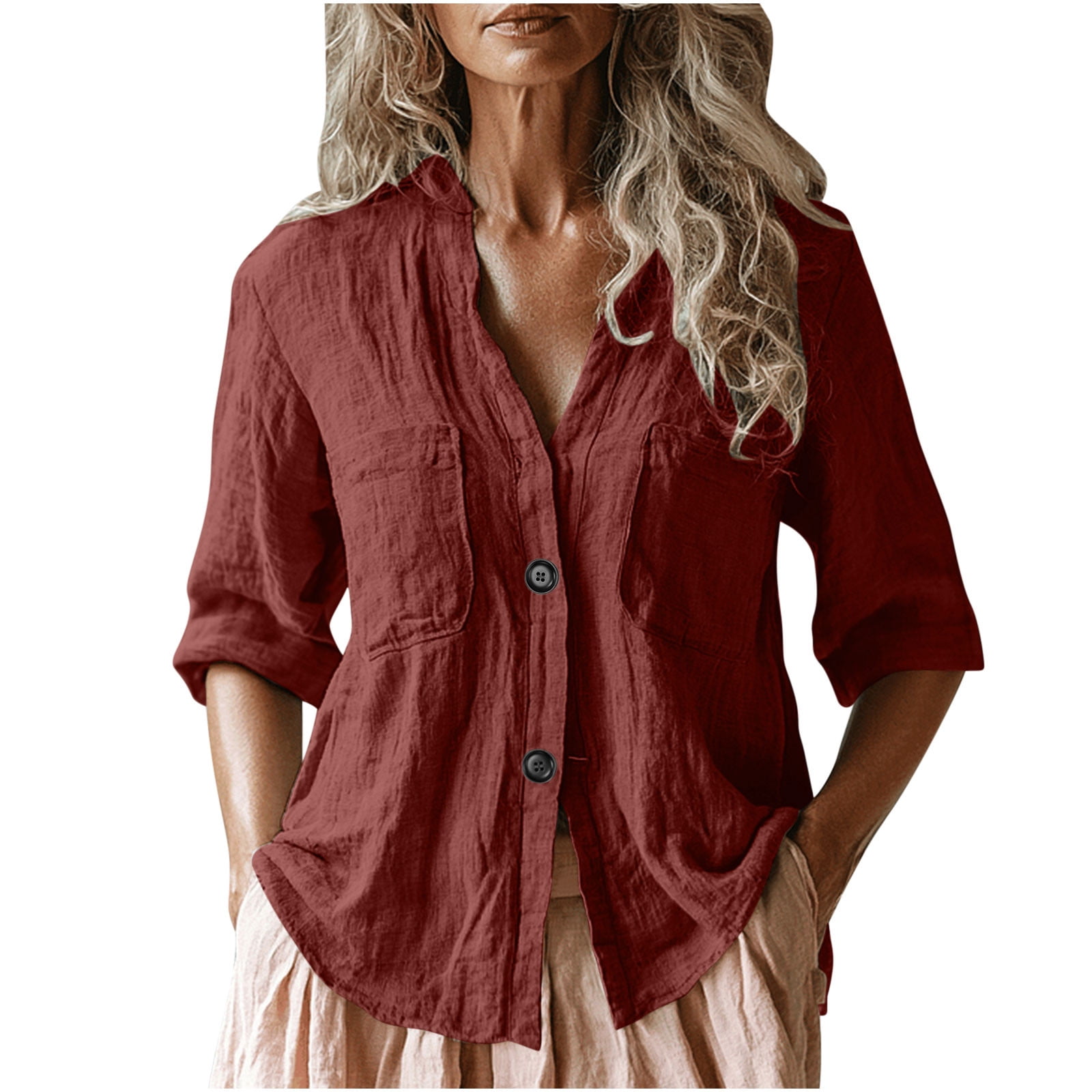 Arnsht Linen Shirts for Women Button Down Shirt Solid Color Cotton 3/4 ...