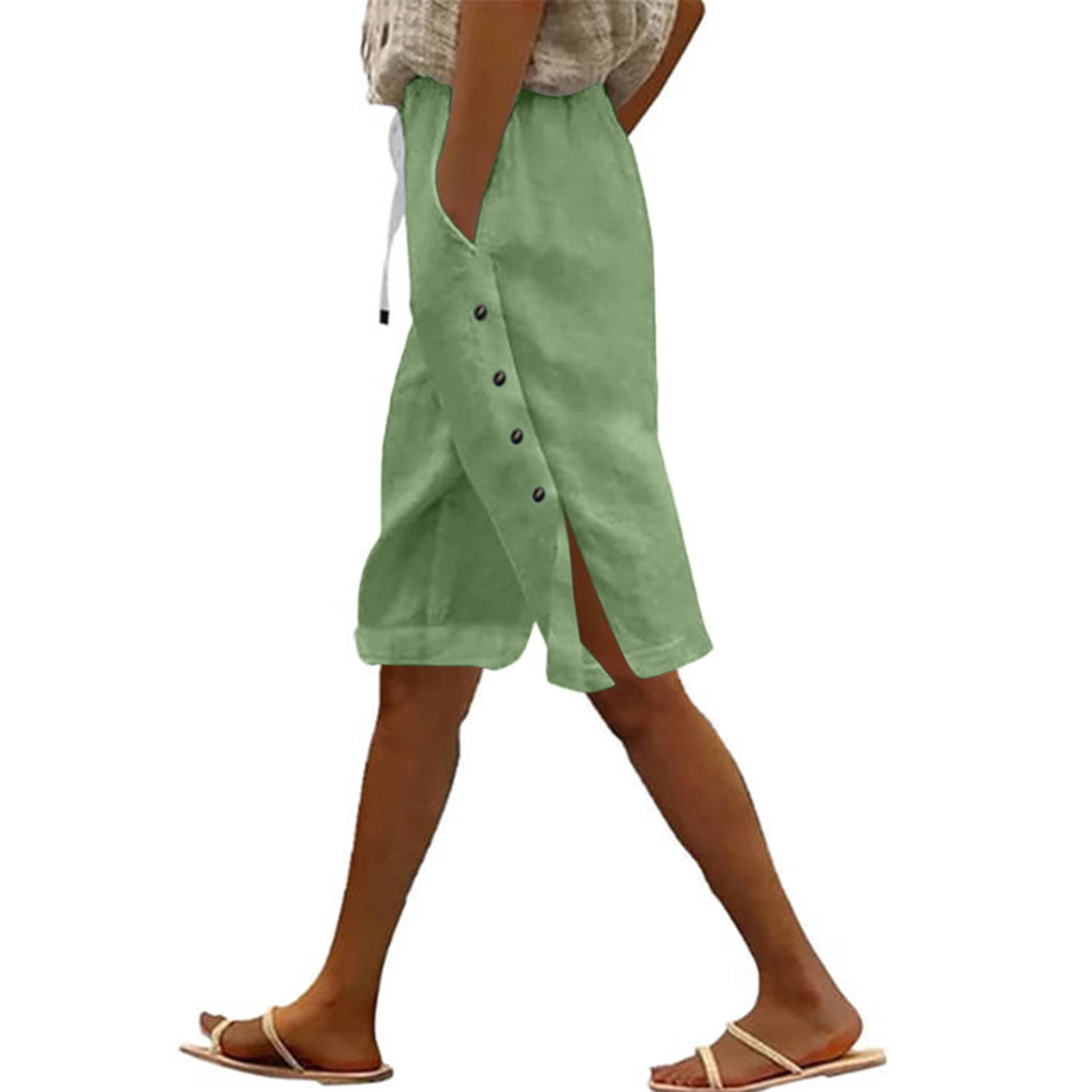 Arnsht Linen Short Pants Women Summer Casual Side Button Drawstring ...