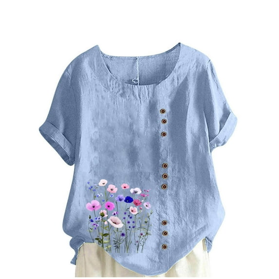 Arnsht (M-5XL) Plus Size Women Floral Print Linen Shirts Short Sleeve ...
