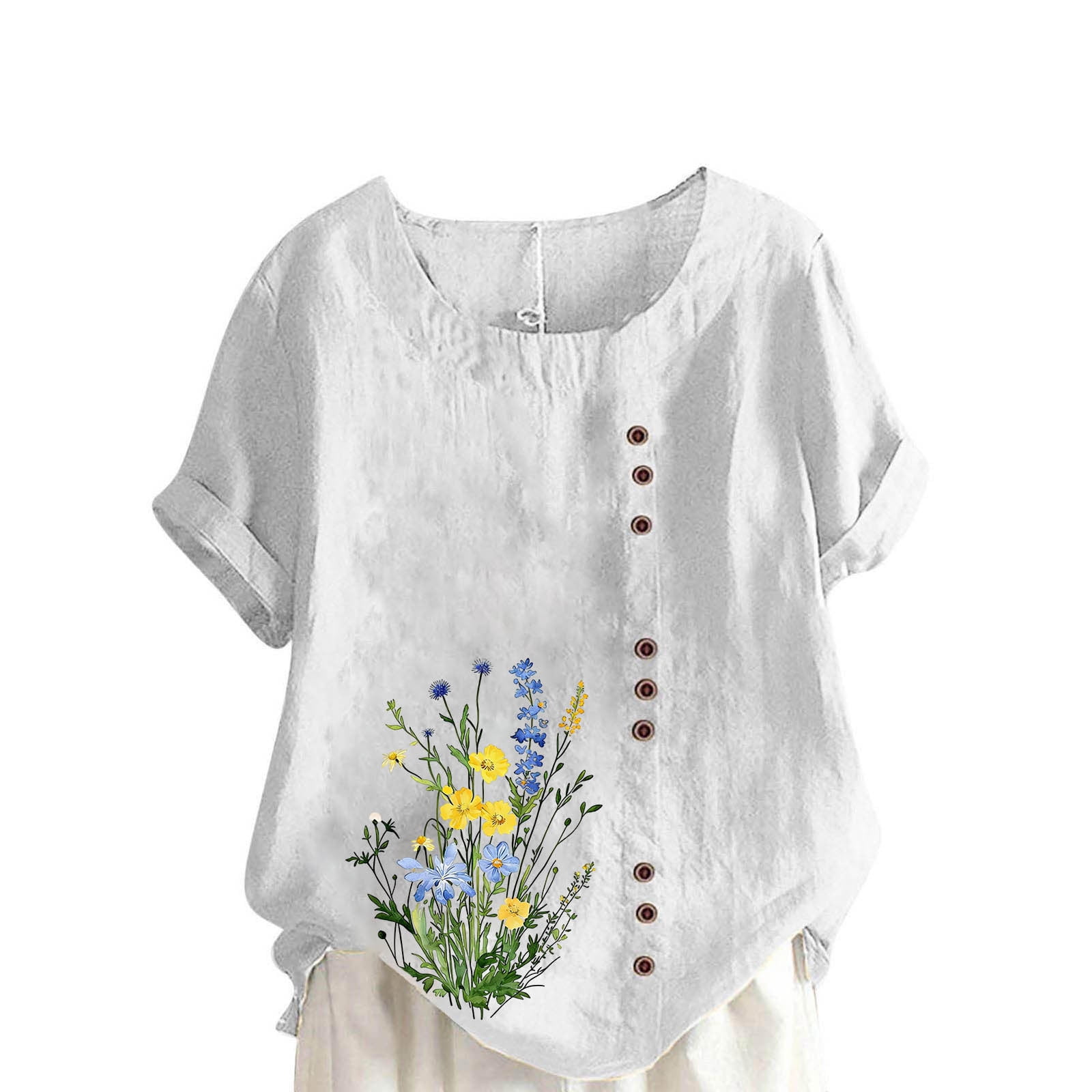 Arnsht (M-5XL) Plus Size Women Floral Print Linen Shirts Short Sleeve ...