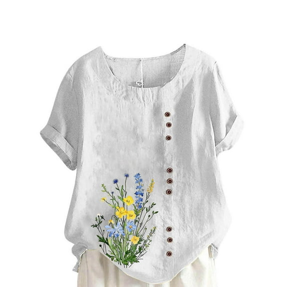 Arnsht (M-5XL) Plus Size Women Floral Print Linen Shirts Short Sleeve ...