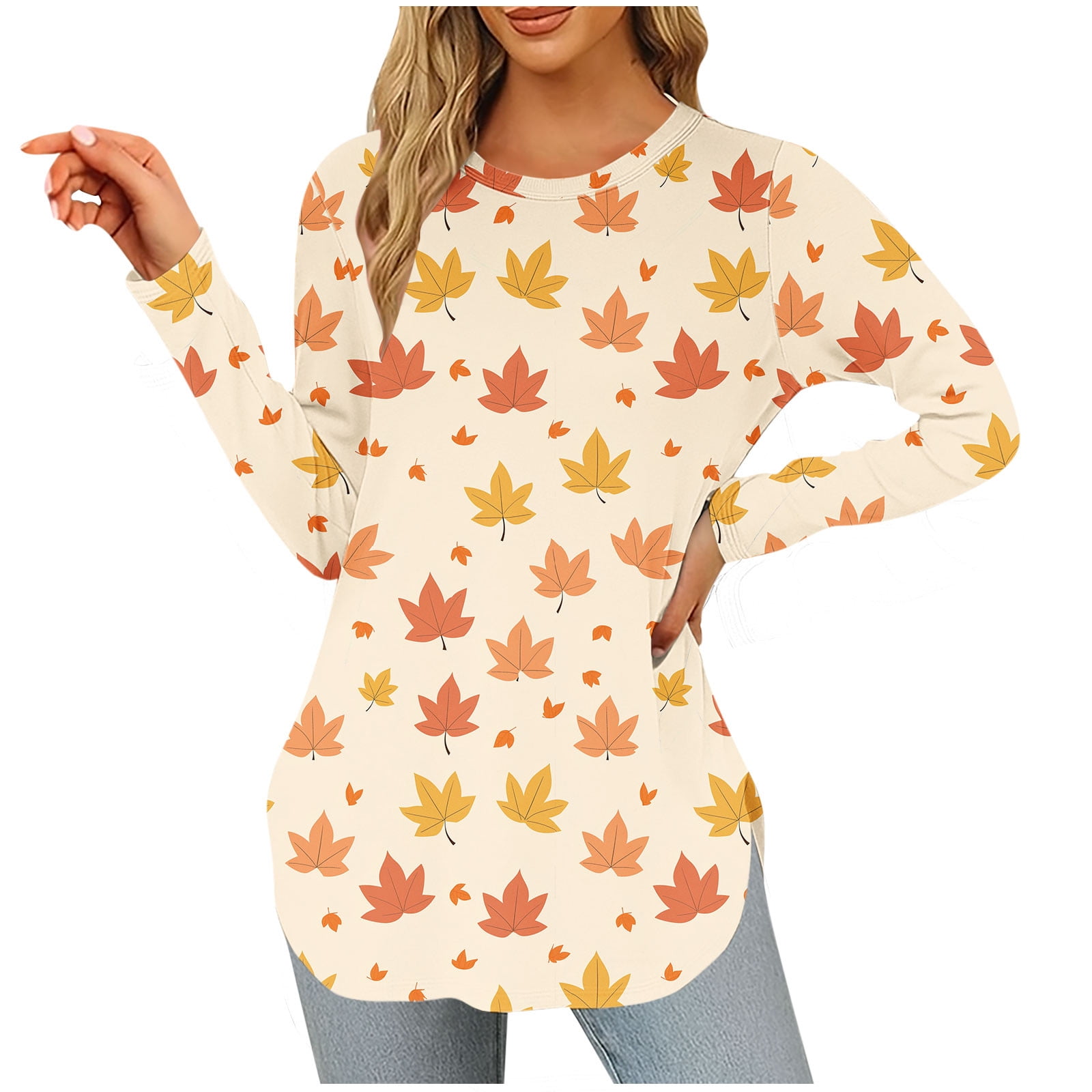 Arnsht Maple Leaf Printed Womens Long Sleeve T Shirts Casual Round Neck ...