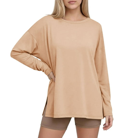 Arnsht Oversized Long Sleeve T Shirts for Women Side Split Round Hem ...