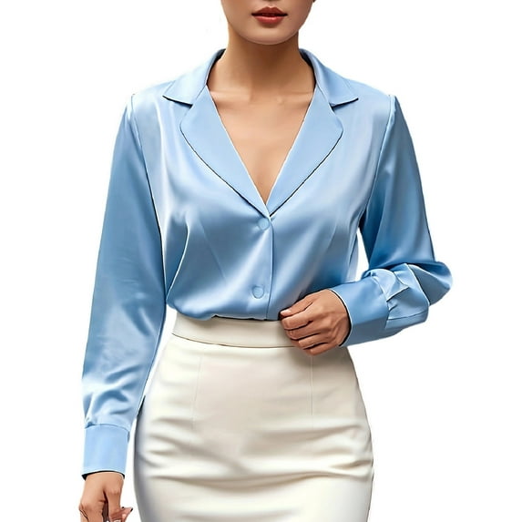 Arnsht Satin Blouse for Women Blue Collared Shirt Dressy Button V Neck Long Sleeve Silk Tops ...