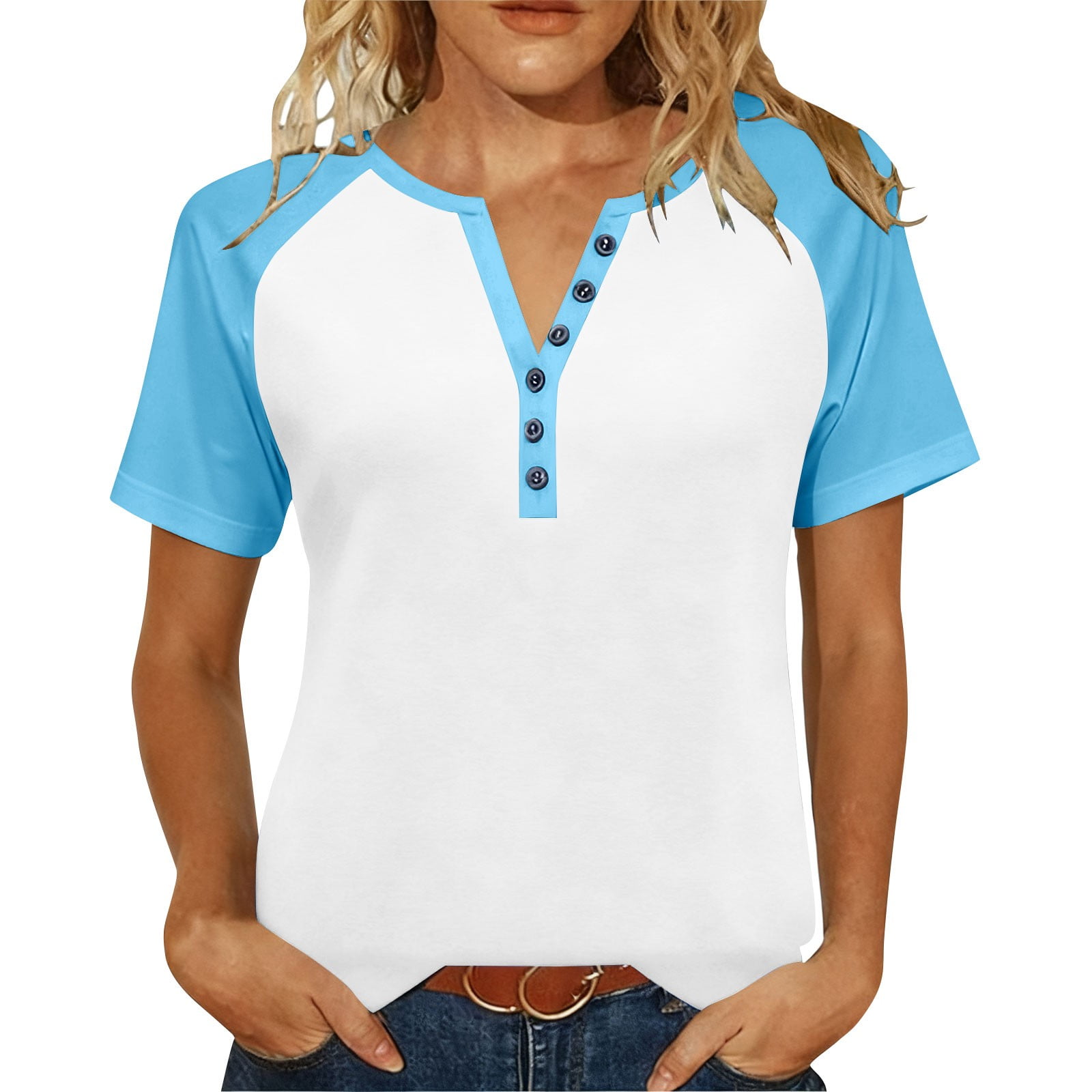 Arnsht Short Sleeve Tops for Women Plus Size Cotton Button V Neck Shirt ...