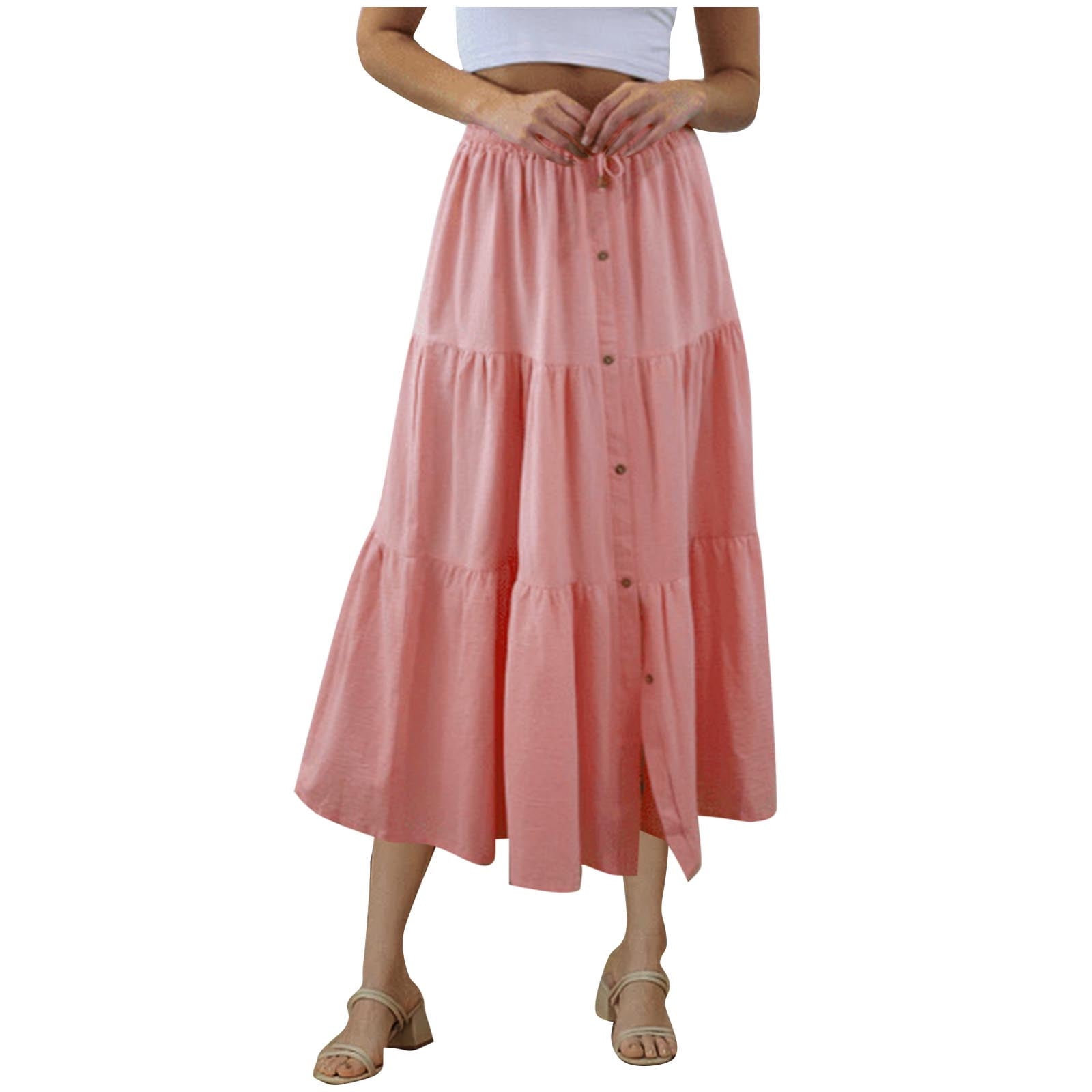 Arnsht Summer Solod Color Skirts for Women Elastic Waist Tiered Maxi ...