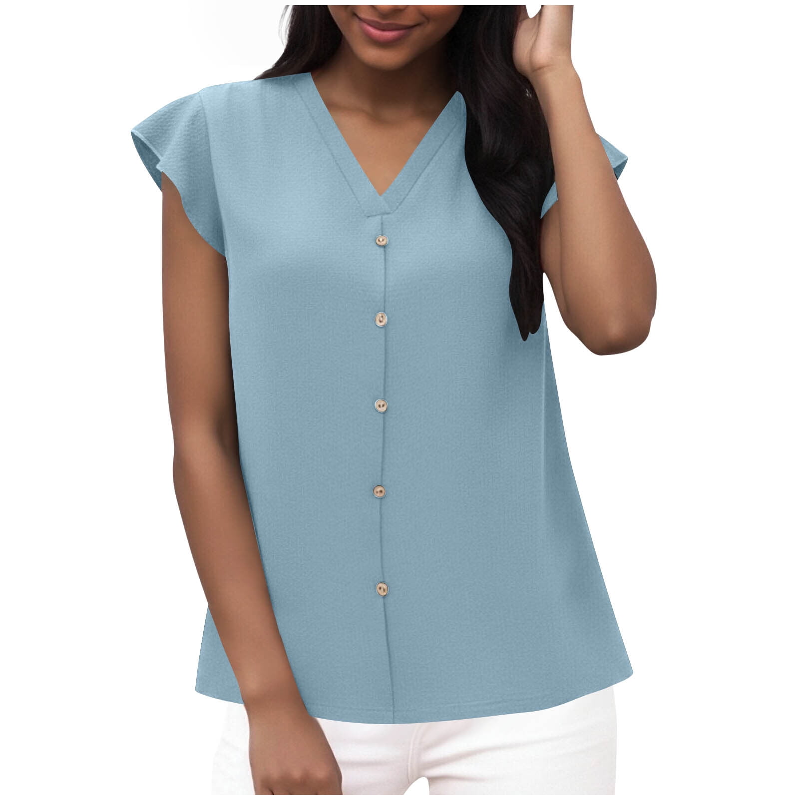 Arnsht Tank Tops for Women Button V Neck Dressy Blouses Ruffle Sleeve ...