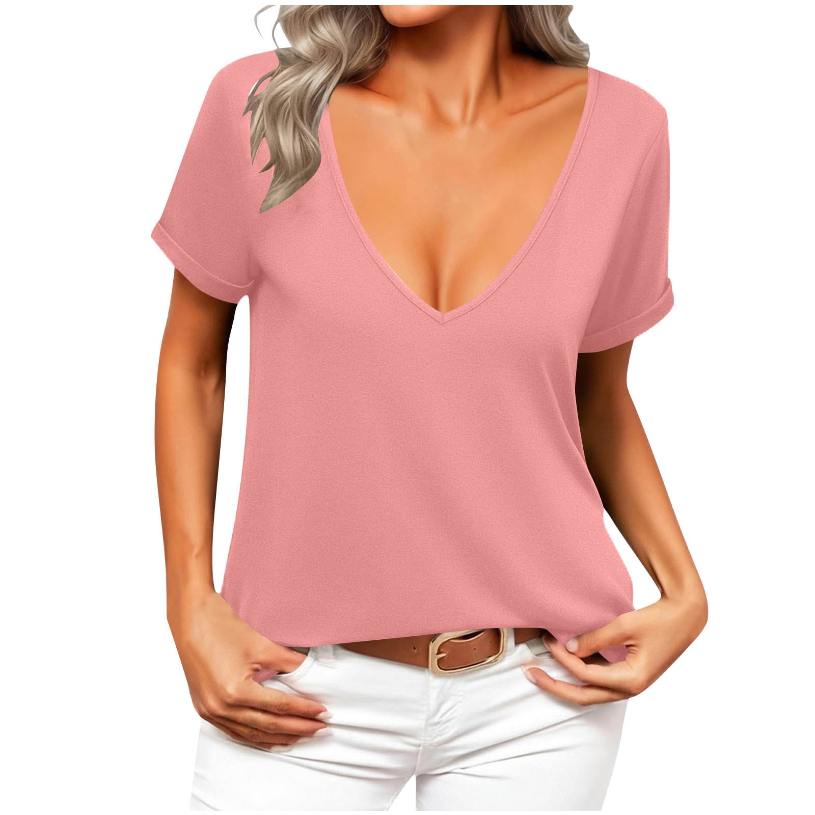 Arnsht Tops for Women Deep V Neck Shirts Summer Low Cut Top Short ...
