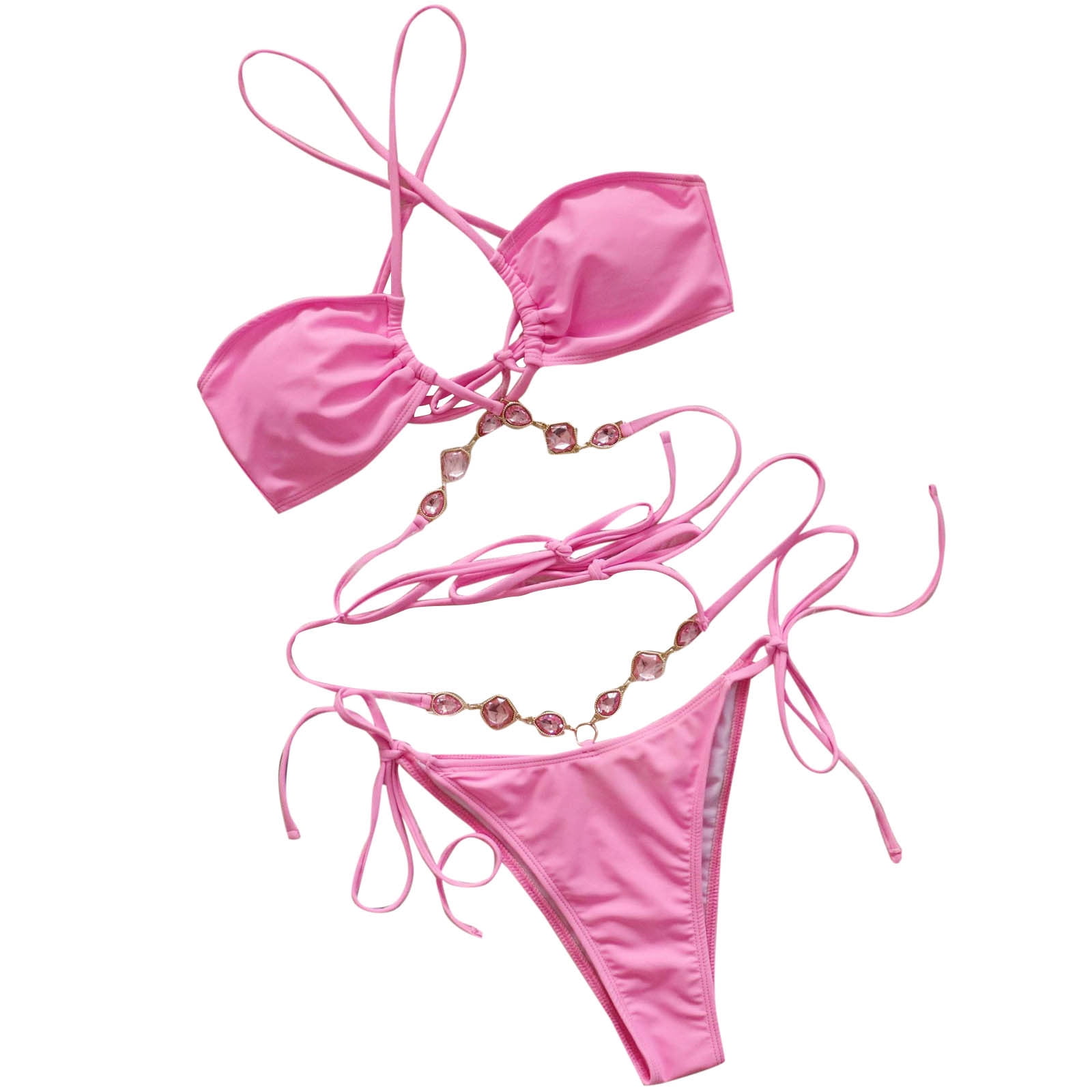 Arnsht Women Color Block Swimsuit, Rhinestone Halter Thong Low Rise ...