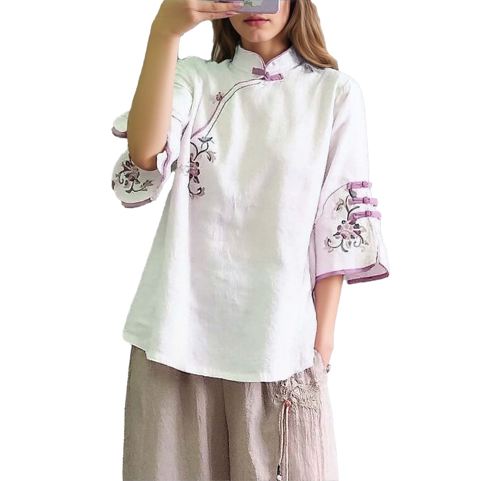 Arnsht Women Ethnic Style Vintage Embroidery Button Shirt Tops Loose ...