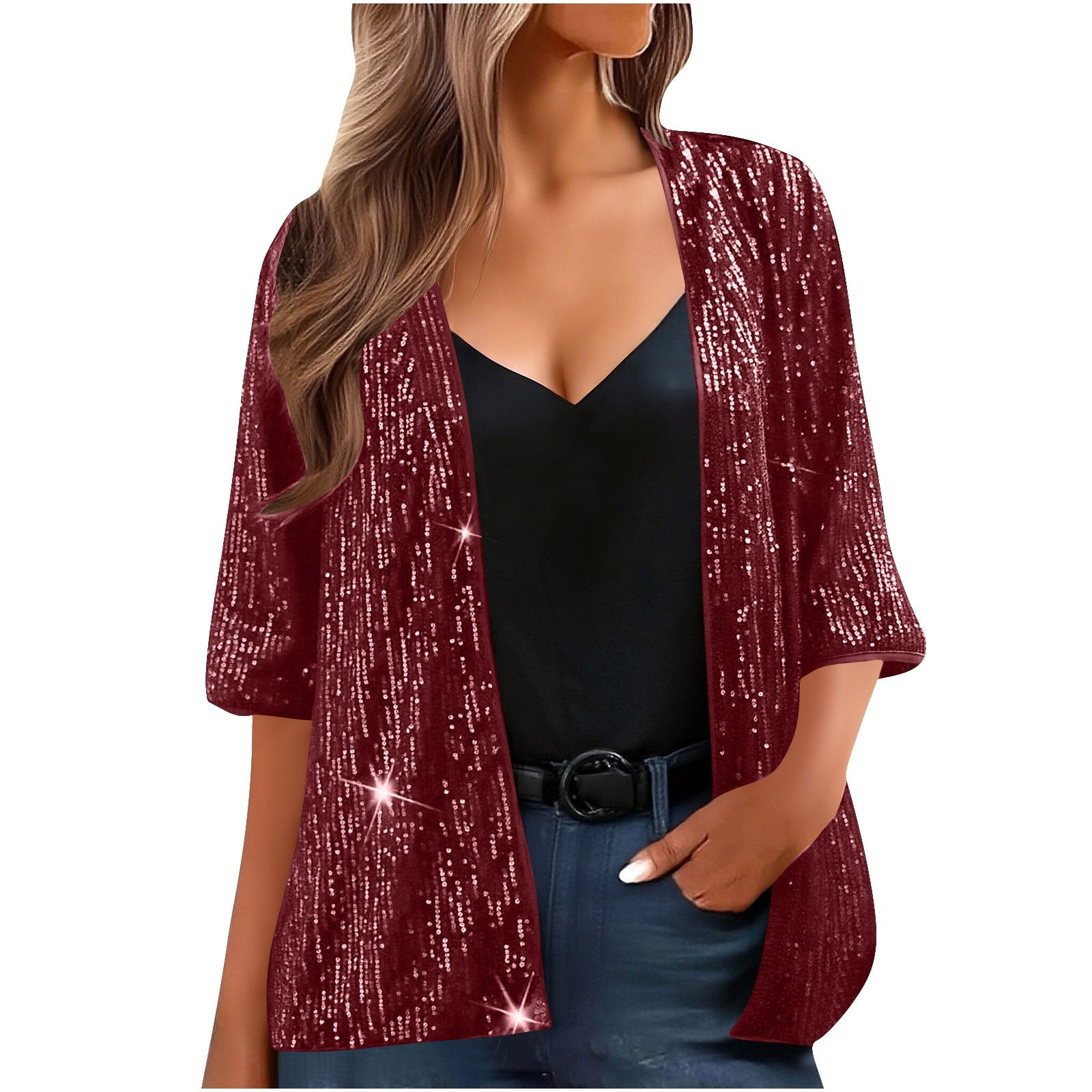 Arnsht Women's 3/4 Sleeve Sequin Jackets Open Front Sequin Cardigan ...