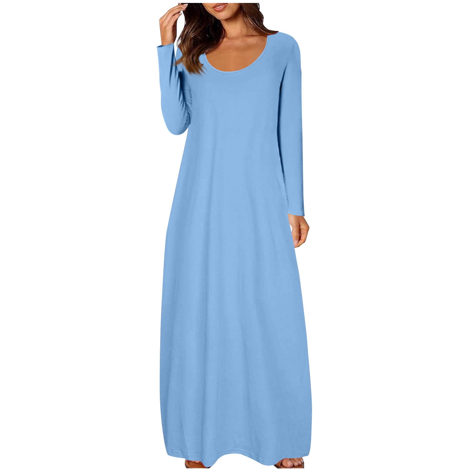 Arnsht Women's Casual Solid Color Dress Round Neck Long Sleeved Maxi ...