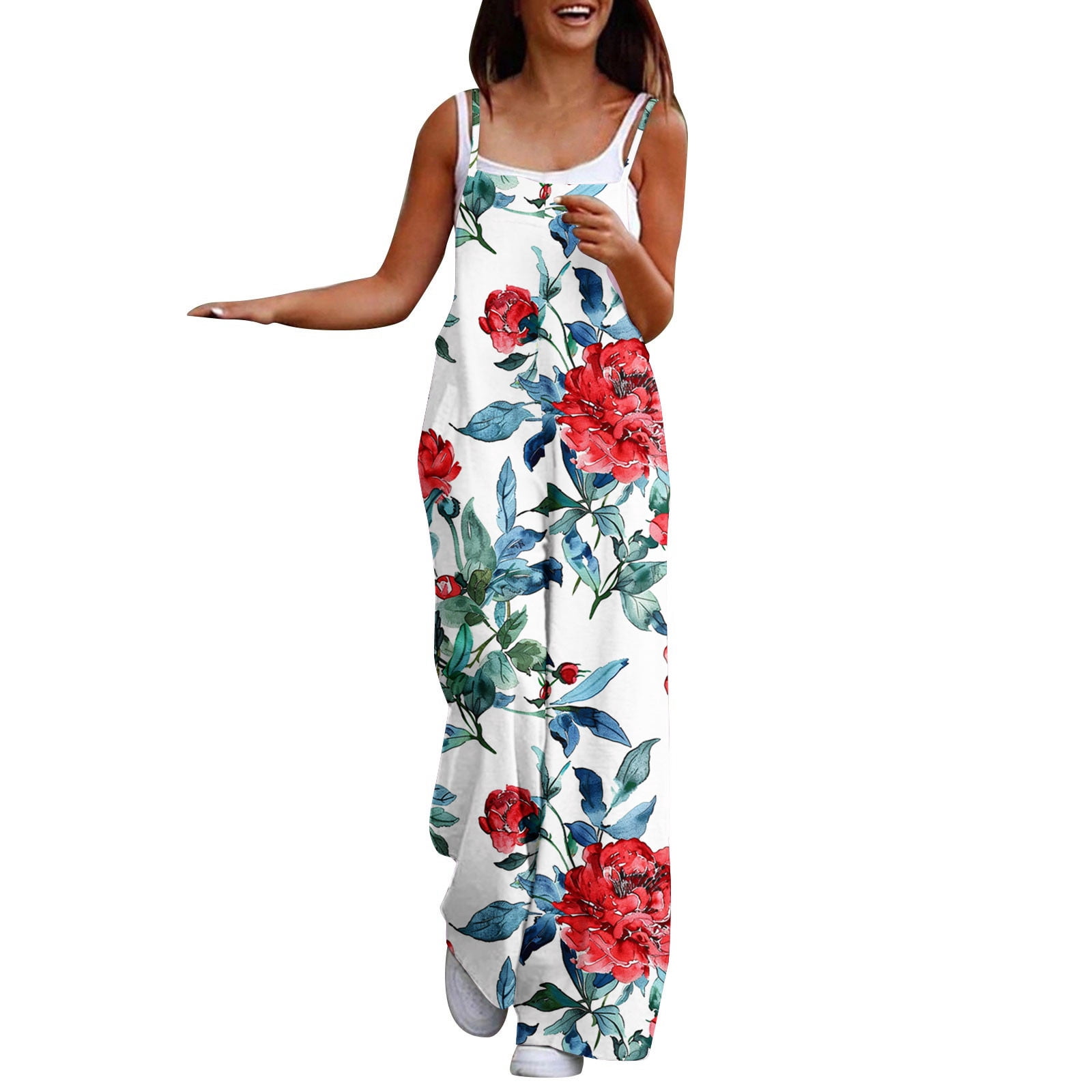 Arnsht Women's Jumpsuit Floral Printed Sleeveless Straps High Waist ...