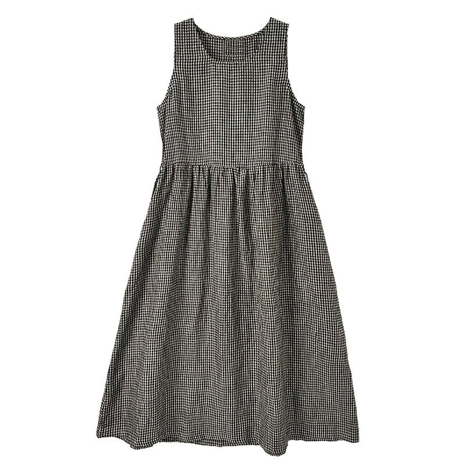 Arnsht Women's Linen Vest Dress Sleeveless Round Neck Plaid Vintage ...
