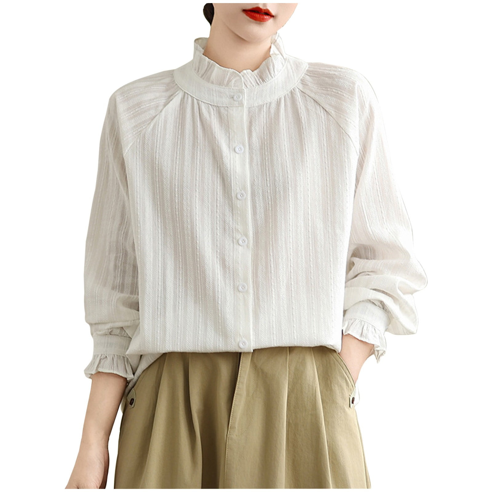 Arnsht Women's New Long Sleeve Ruffle Solid Color Button Casual Shirt ...