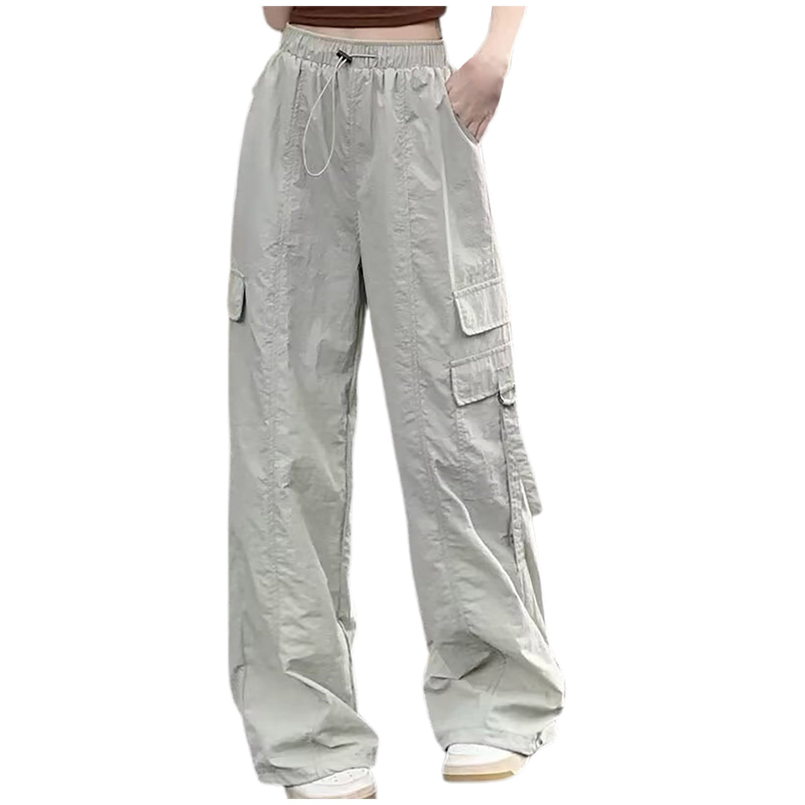 Arnsht Women's Solid Color Cargo Pants High Waist Drawstring Wide Leg ...