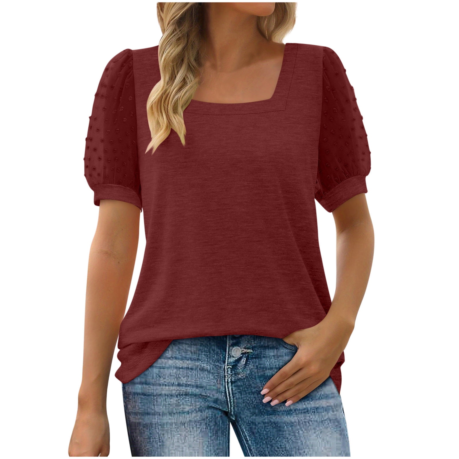 Arnsht Women's Vintage Solid Color Summer Tops V Neck T Shirts Swiss Dotted Puffy Sheer Short ...