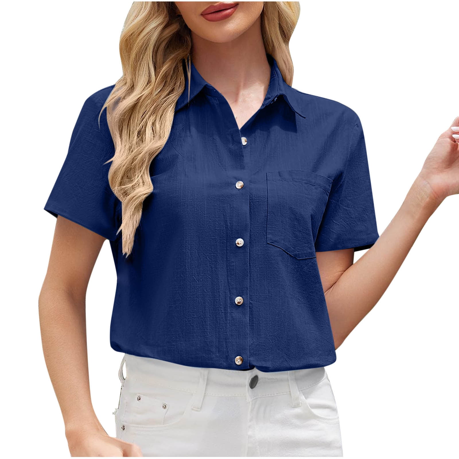 Arnsht Womens Button Down Linen Shirt Short Sleeve Solid Color Cotton ...