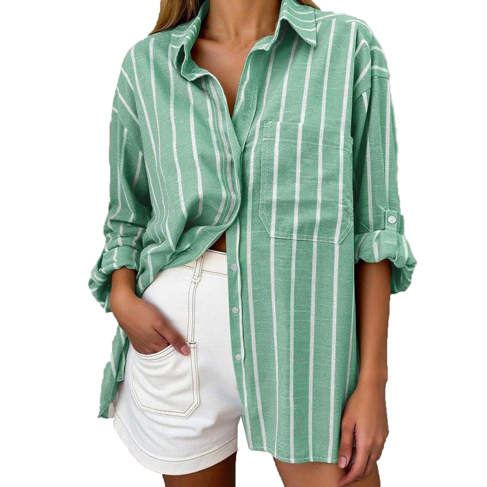 Arnsht Womens Button Down Striped Shirts Drop Shoulder Blouse Long ...