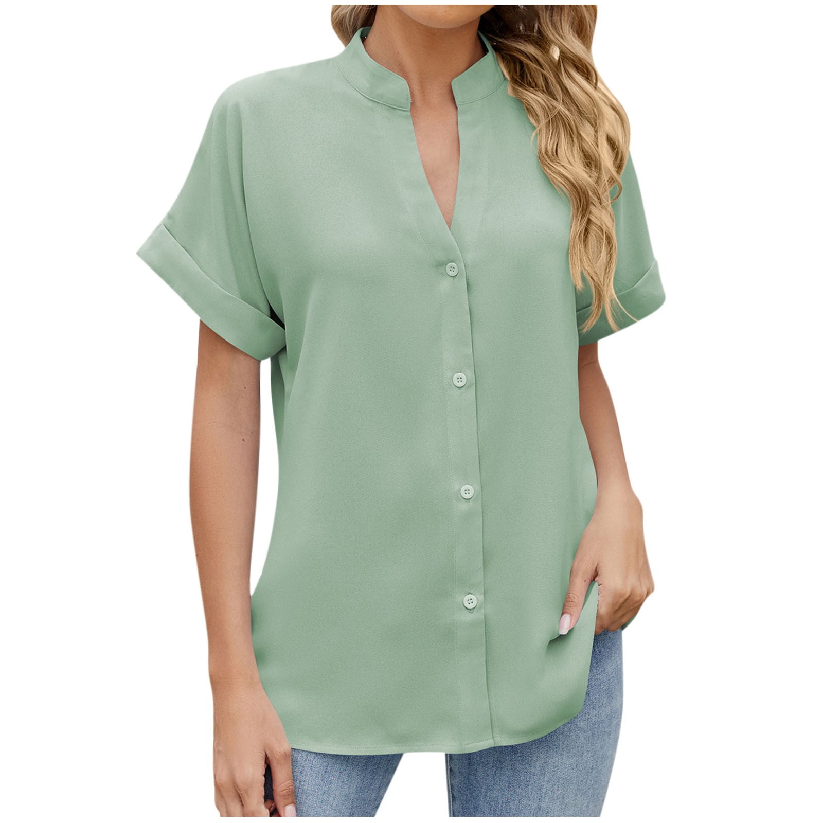 Arnsht Womens Classic Fit Button Down Blouse Rolled Cuffed Short Sleeve ...