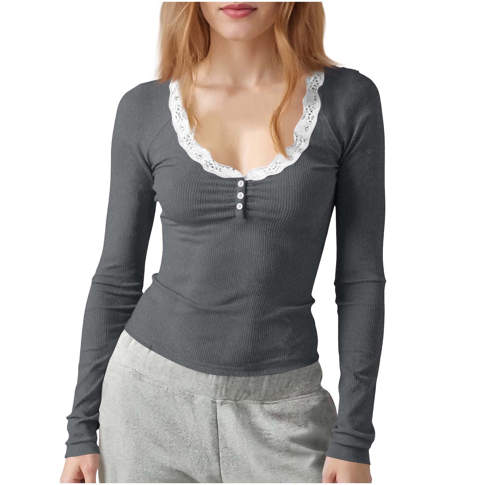 Arnsht Womens Long Sleeve Tops Fashion Fall Y2K Lace Square Neck Slim ...