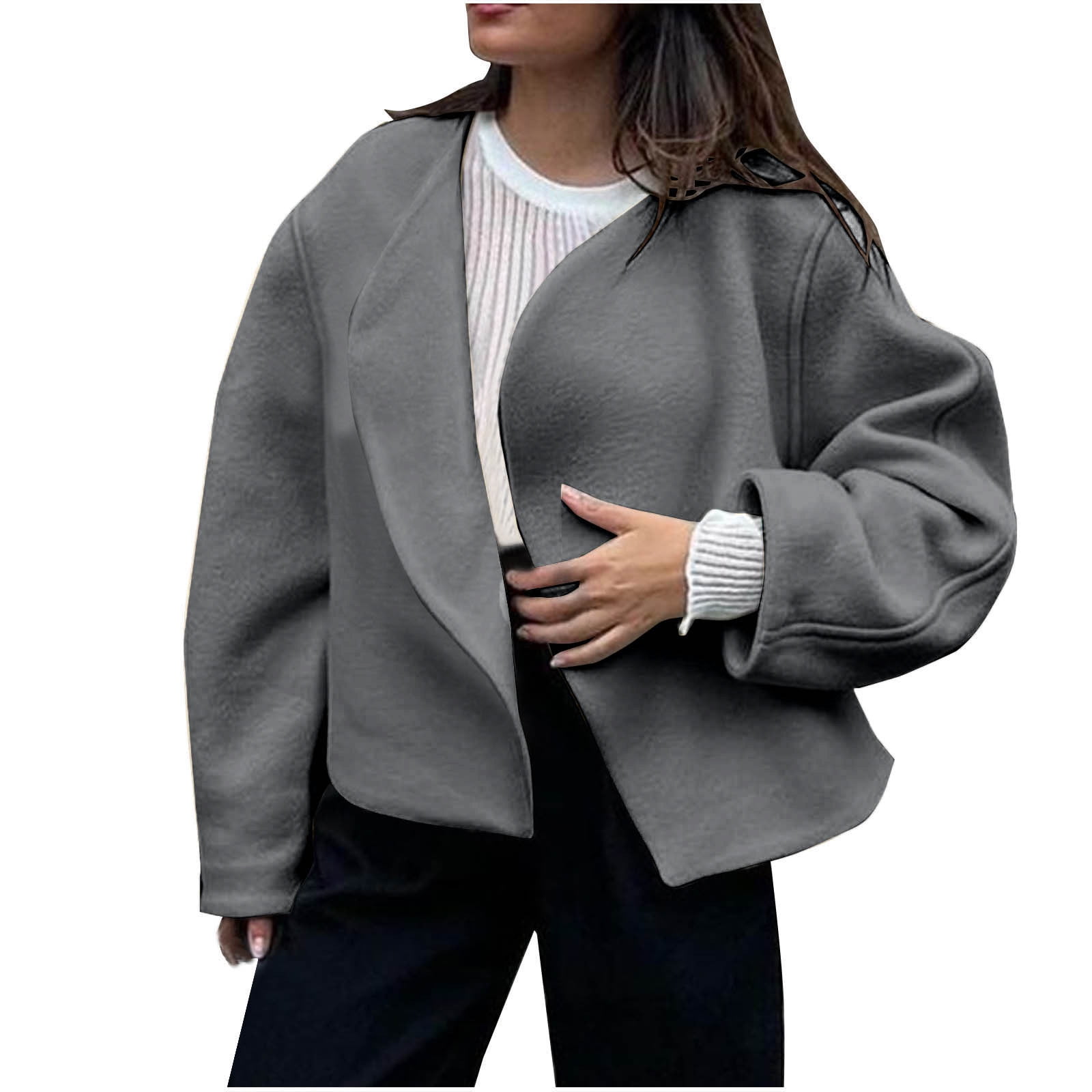 Arnsht Womens Oversized Cropped Pea Coat Lapel Buttonless Open Front ...