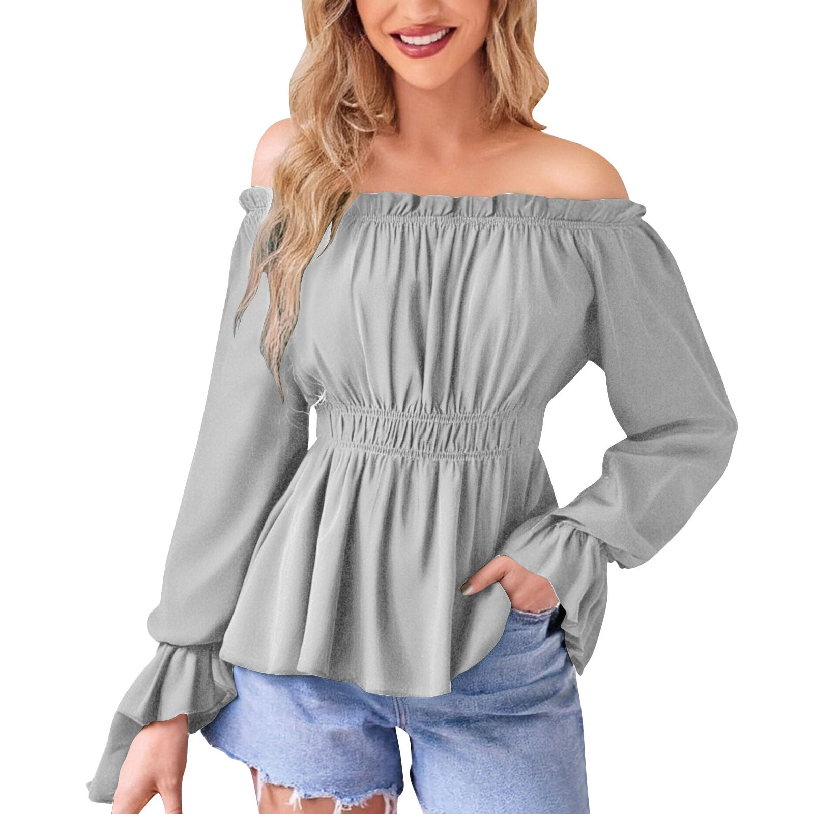 Arnsht Womens Renaissance Long Sleeve Blouse Off Shoulder Solid Color Shirt Boho Tops Ruffle ...