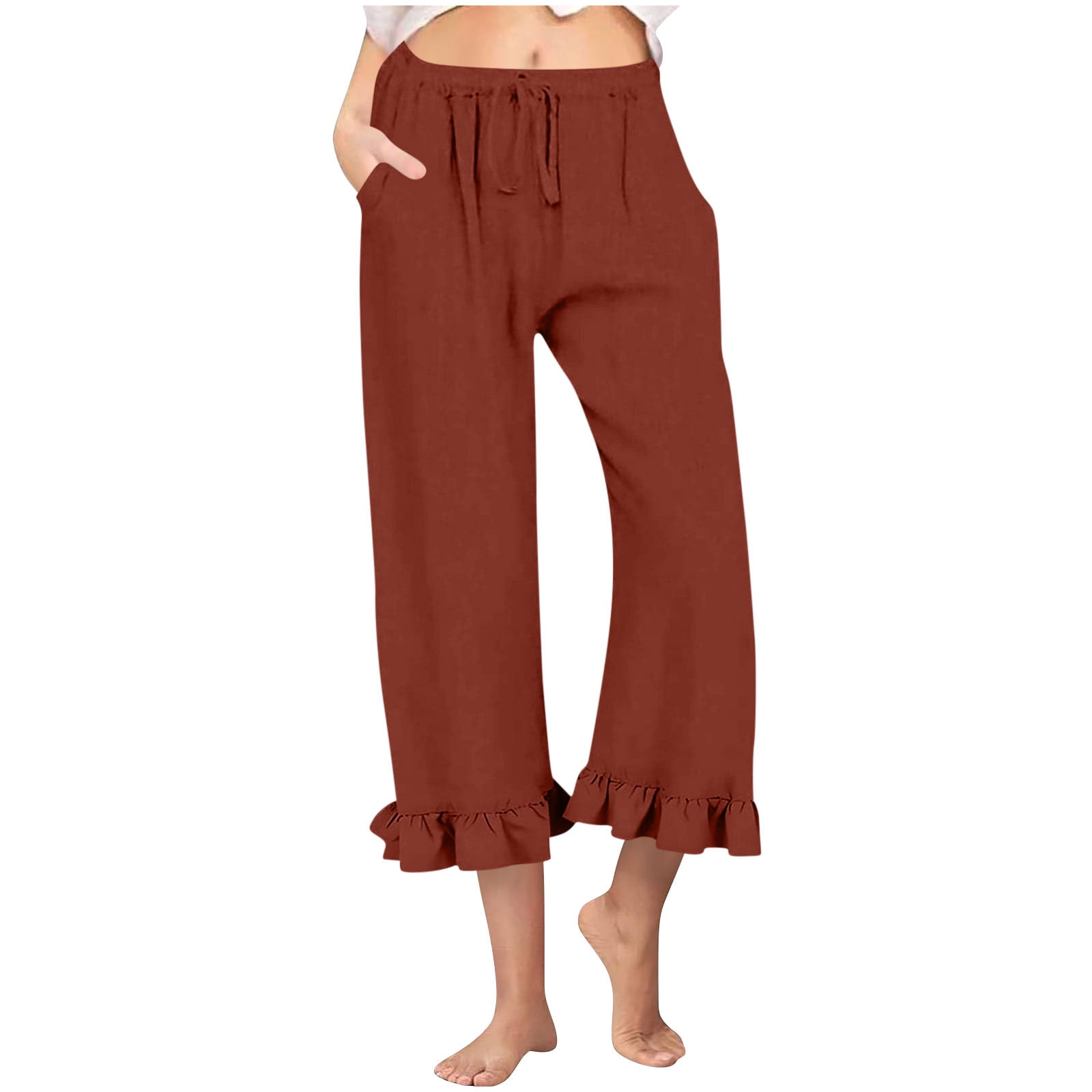 Arnsht Womens Solid Color Linen Wide Leg Pants Drawstring Elastic High ...
