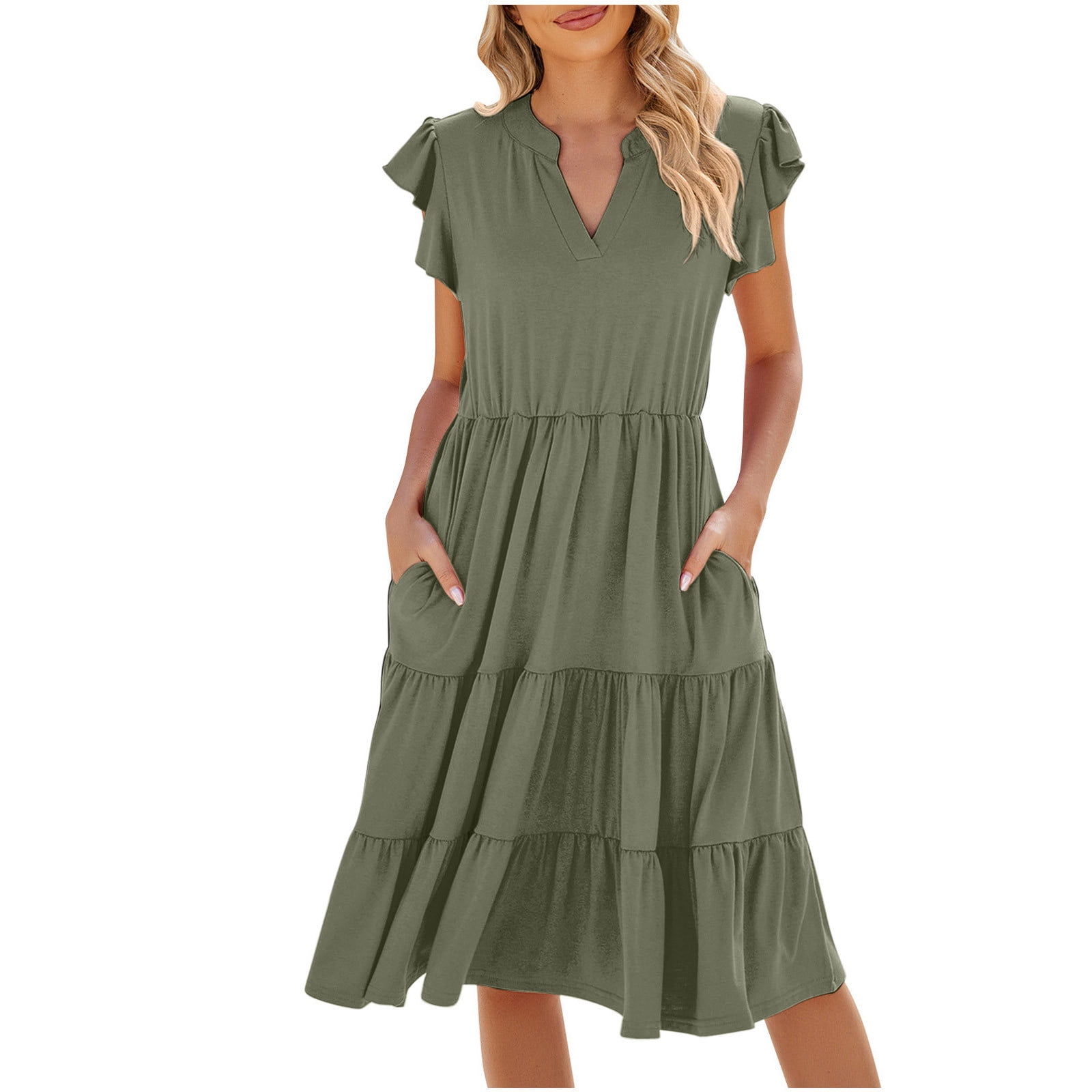 Arnsht Womens Summer Ruffle Sleeve Plain V Neck Midi Dress Flowy Boho ...