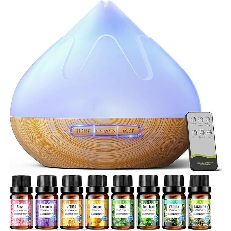 Aroma Diffuser with Essential Oils Set, 500 ML Essential Oil Diffuser with Remote Control ...