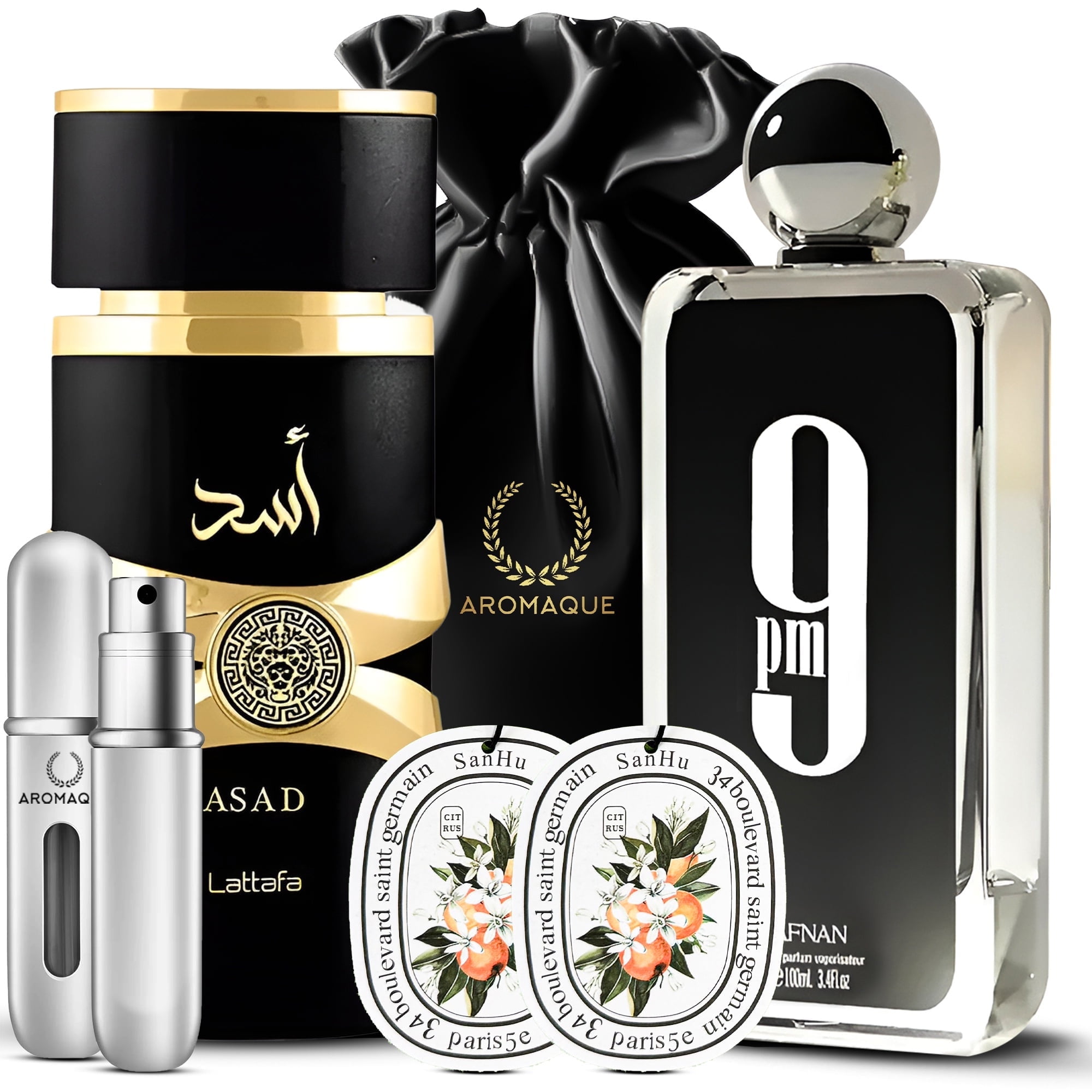 Aromaque Men's Bundle: Afnan 9pm & Lattafa ASAD EDP 3.4oz, Refillable Bottle, 4 Scented Cards ...