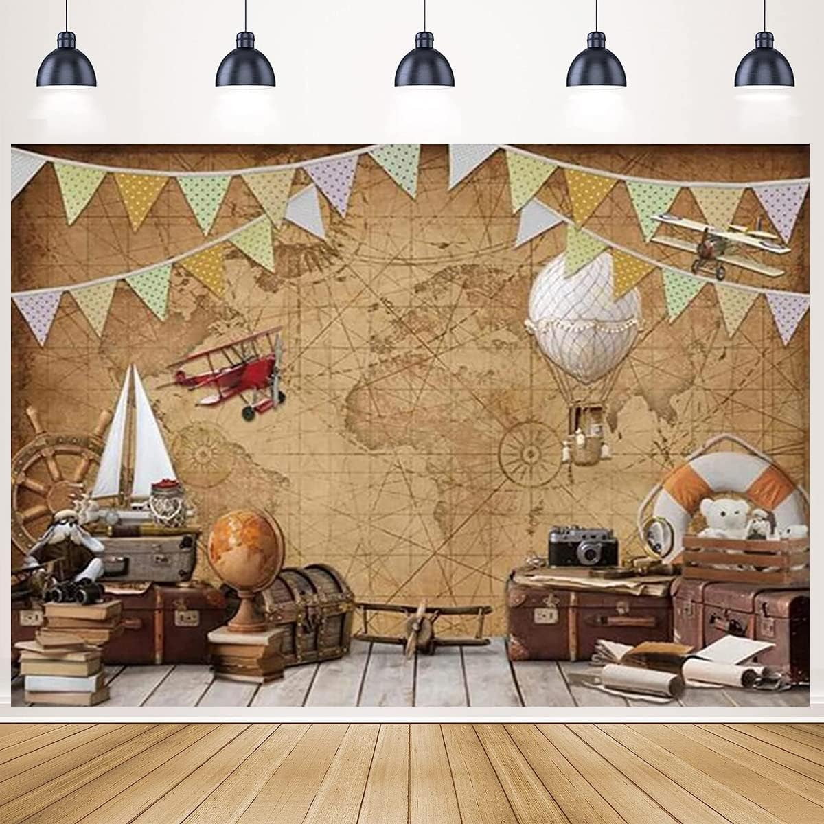Around World Map Photography Backdrop Adventure Airplane Hot Air ...