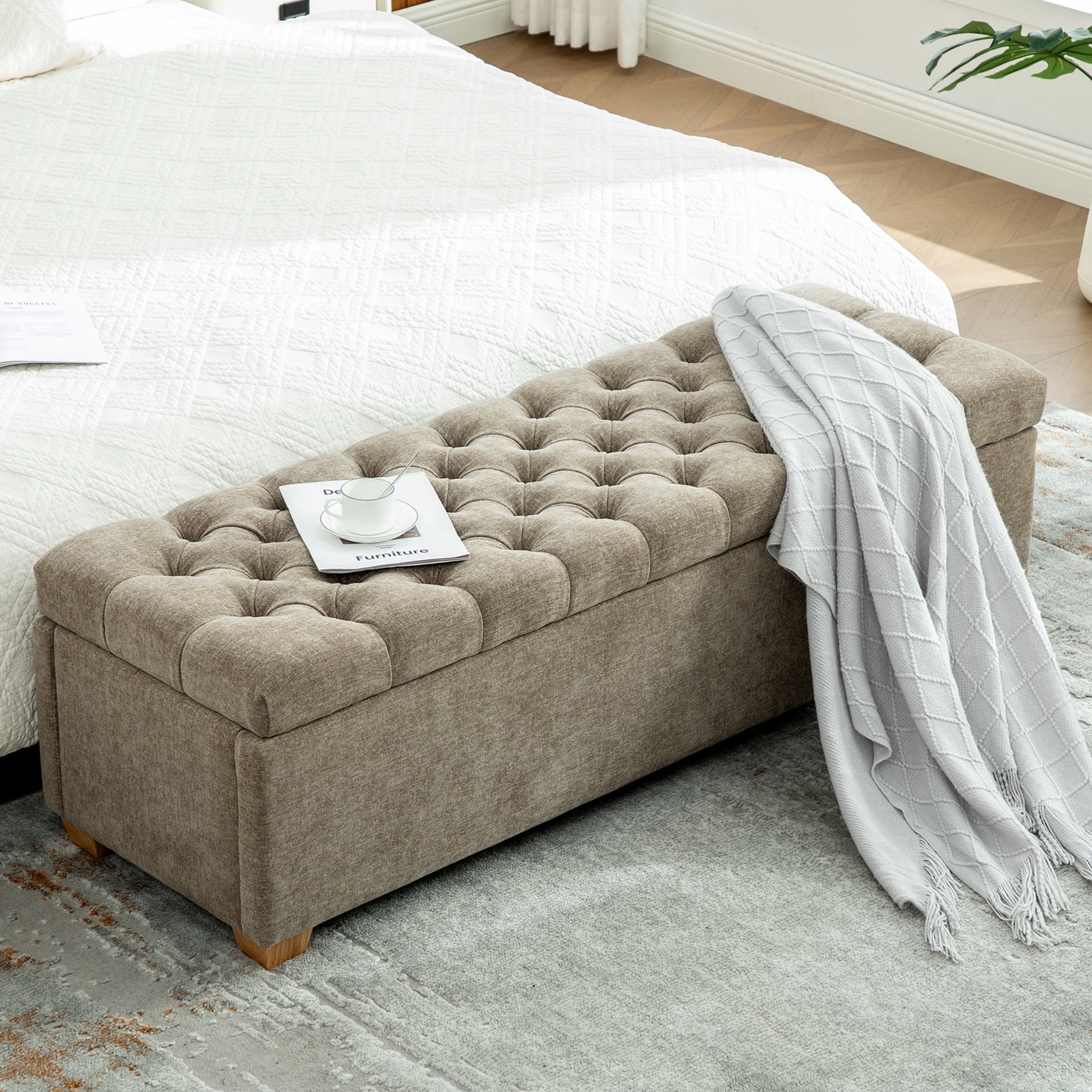 Arouseden 60taupe Upholstered End Of Bed Bench Flip Top Storage
