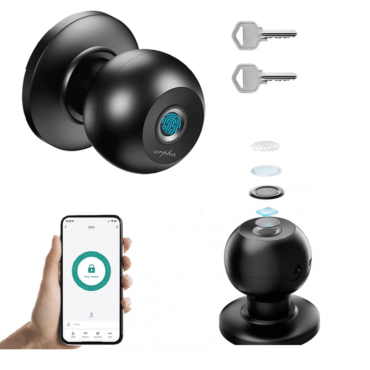 ARPHA Smart Fingerprint Door Lock, Keyless Entry Biometric Door Knob, App Control, Black ...