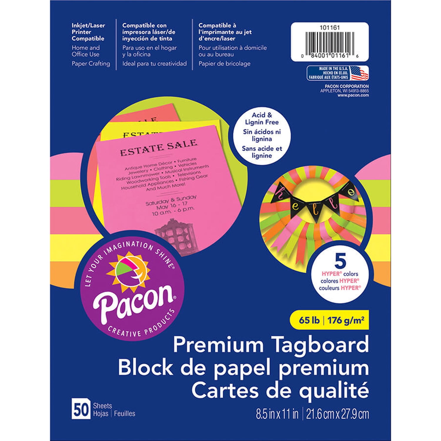 Pacon Premium Tagboard, 5 Assorted Hyper Colors, 8-1/2" x 11", 50 ...