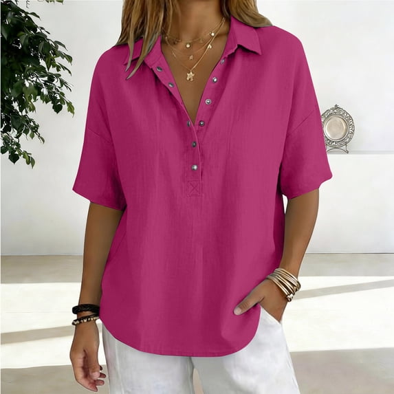 Arrival Notch Lapel Blouse Pure Color Casual Short Sleeve Top for Women ...